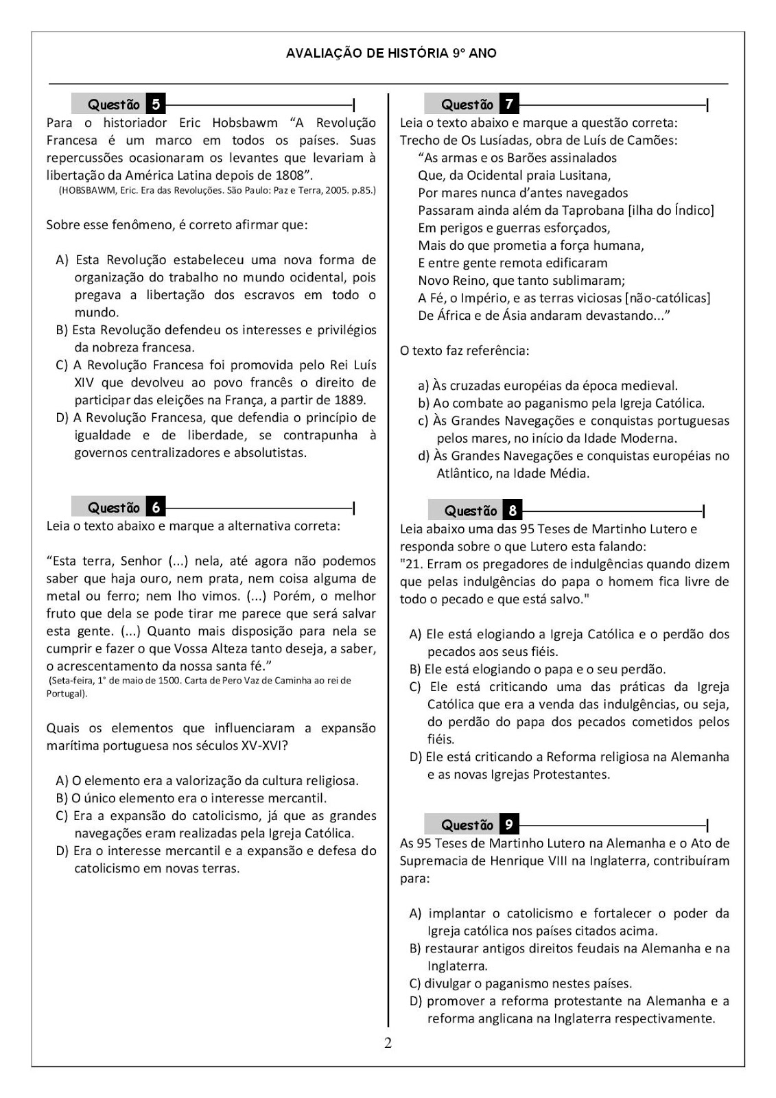 Prova De História 9 Ano Com Gabarito - EDUCA