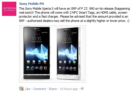 Sony Mobile Philippines officially reveals the SRP of the Xperia S and ...