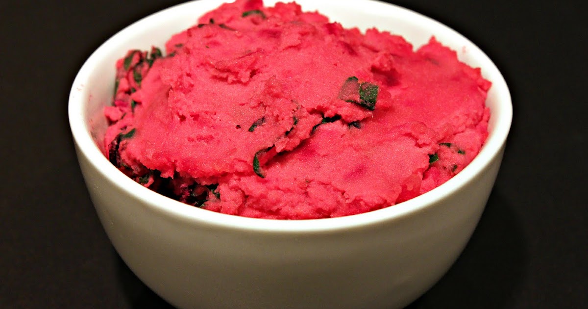 Pink mashed potatoes with beets and beet greens