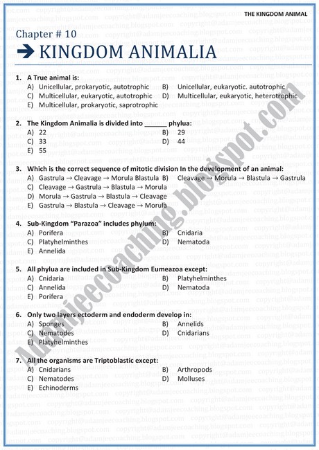 Adamjee Coaching: Biology Mcqs XI - Kingdom Animalia