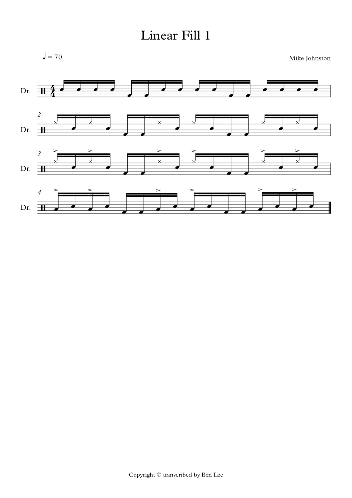 drum scores: 16th note Linear Fill-in from Mike Johnston