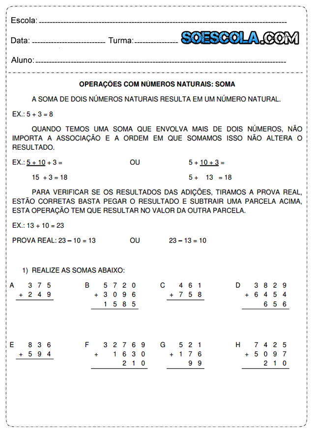 Atividades De Adição E Subtração SÓ Escola