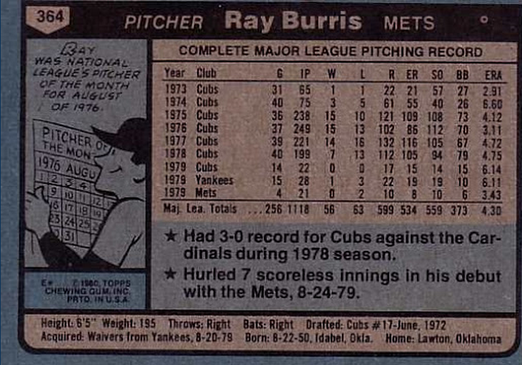 1980 Topps Baseball: #364 Ray Burris
