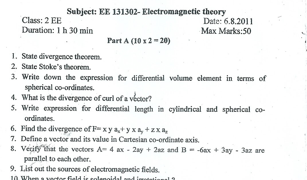 Electromagnetic Theory - Unit 1 Question Paper ~ Vidyarthiplus (V+ ...