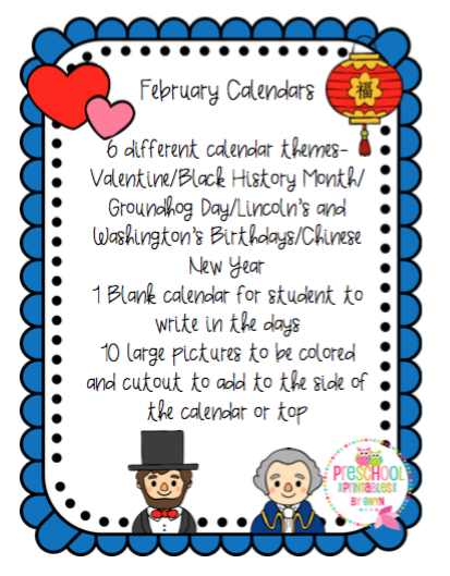 February Calendars ~ Preschool Printables