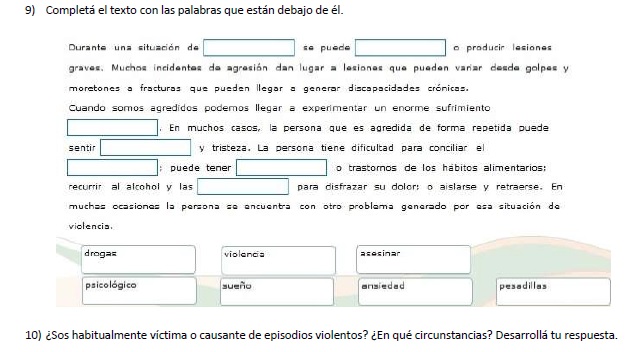 ACTIVIDADES: NO A LA VIOLENCIA: ACTIVIDAD DE APLICACIÓN