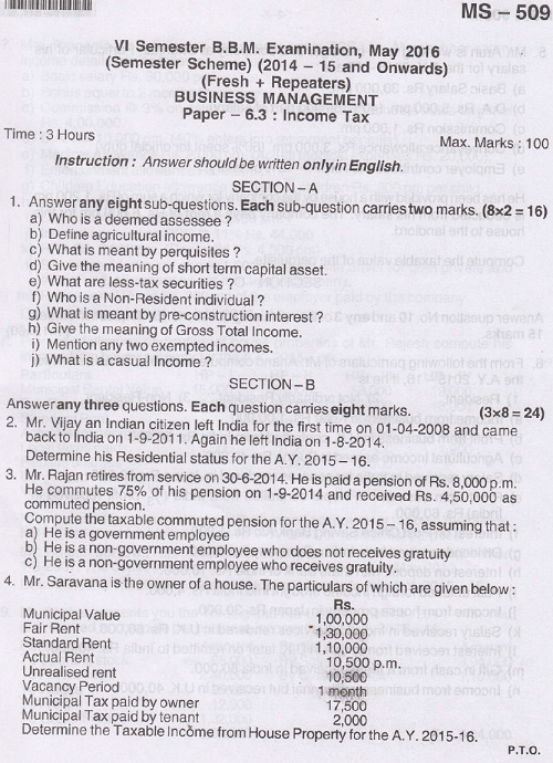 BU BBM Income Tax May 2016 Question Paper - University Question Papers