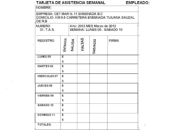 Lizbeth Méndez: TARJETA DE ASISTENCIA SEMANAL