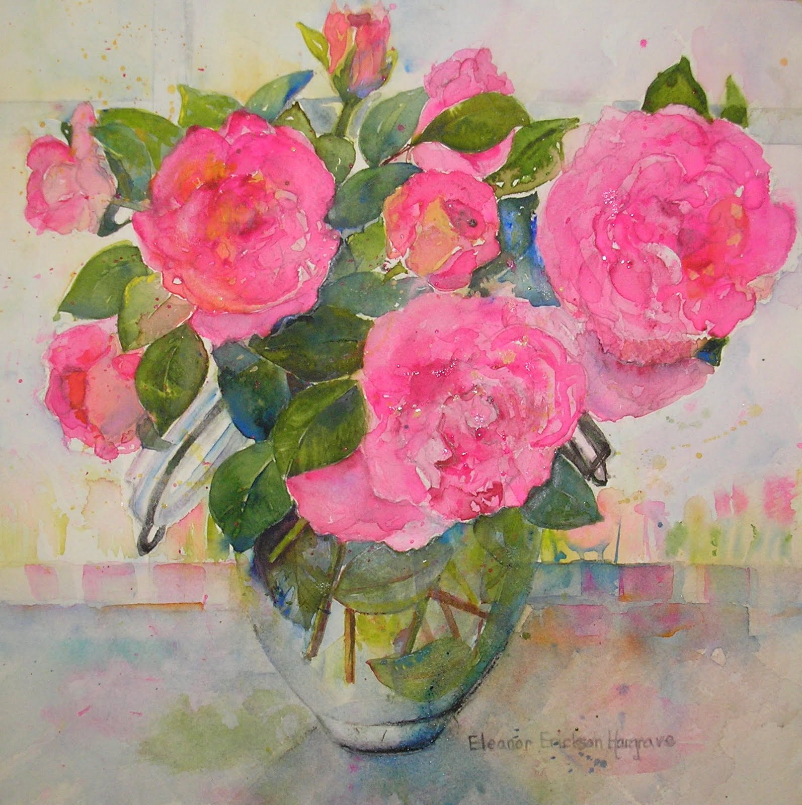 Eleanor Erickson Hargrave: "Bright Pink Roses", 12" x 12", Orig ...