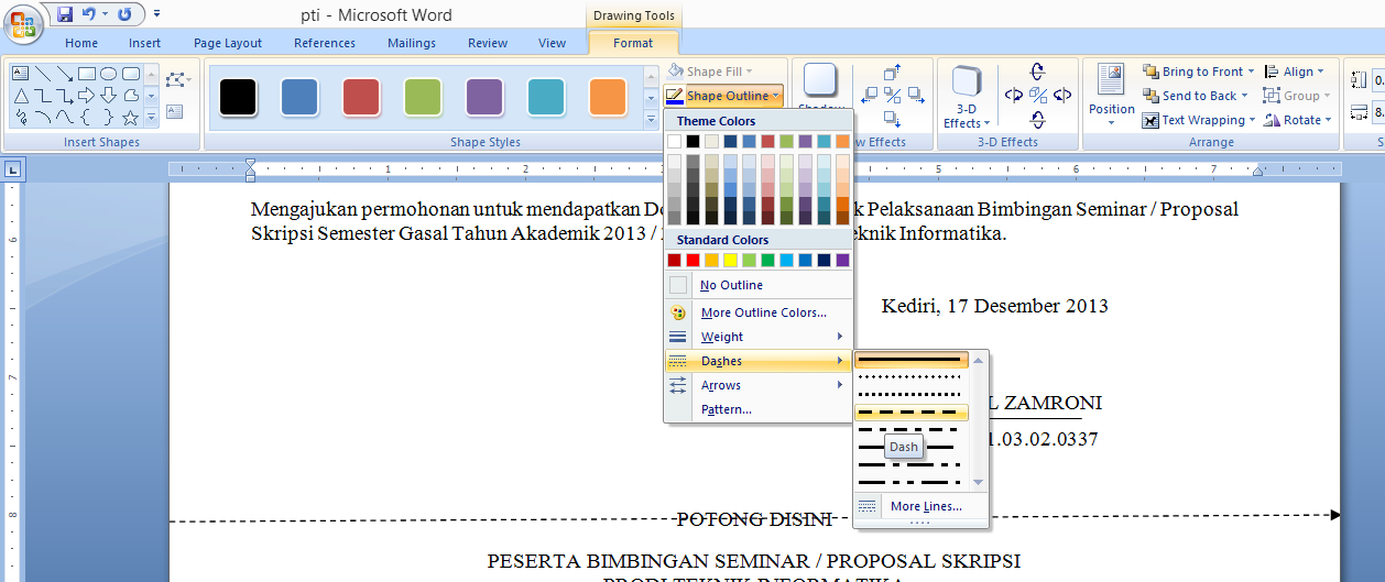 cara memberikan garis putus-putus, ada tulisan "potong disini ...