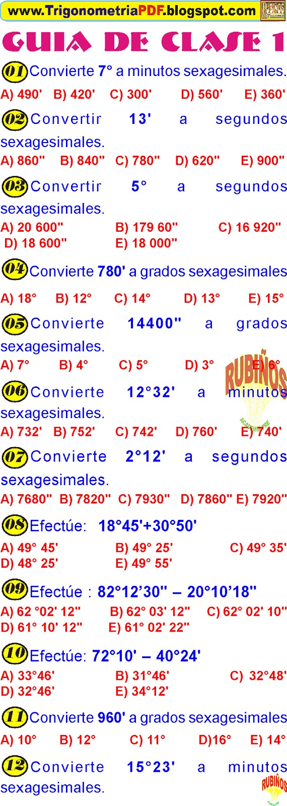 SISTEMAS SEXAGESIMAL CENTESIMAL RADIAL CONVERSIONES EJERCICIOS ...