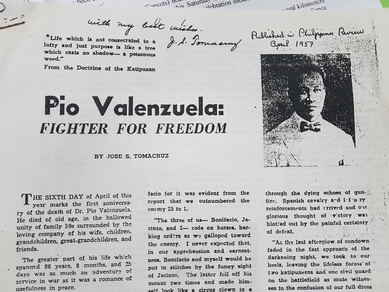 Pio Valenzuela @ 150: Article: "Pio Valenzuela: Fighter for Freedom" (1957)