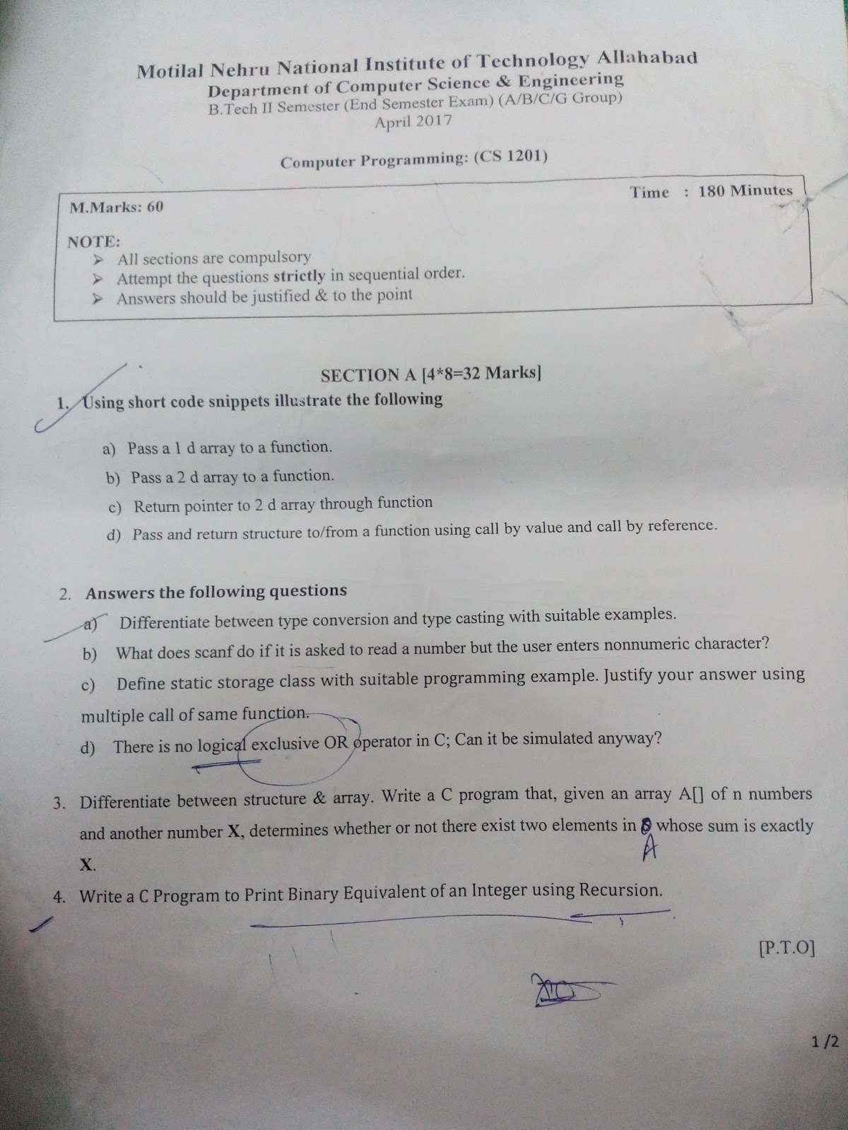 1st year Sem Papers: COMPUTER PROGRAMING