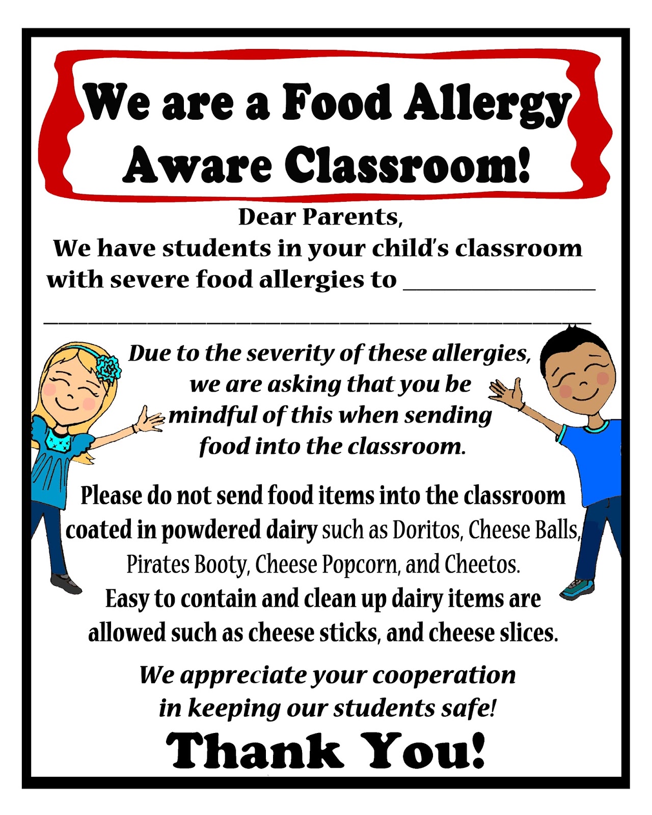 Thriving With Allergies: Dairy Free Classroom Poster
