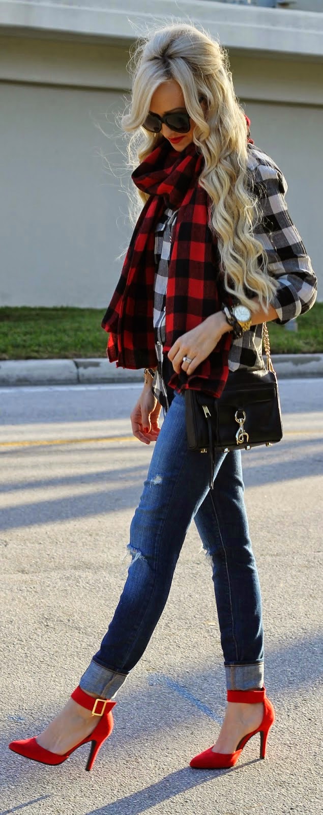 Fashion Magazine: Buffalo Plaid with Ripped Jeans and Pop Red Heels ...