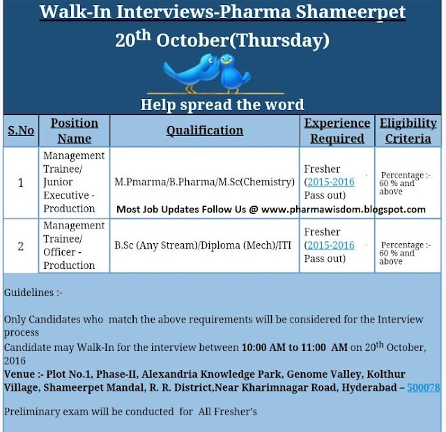 Walk-In Interviews for FRESHERS in Pharma Shameerpet on 20th October ...