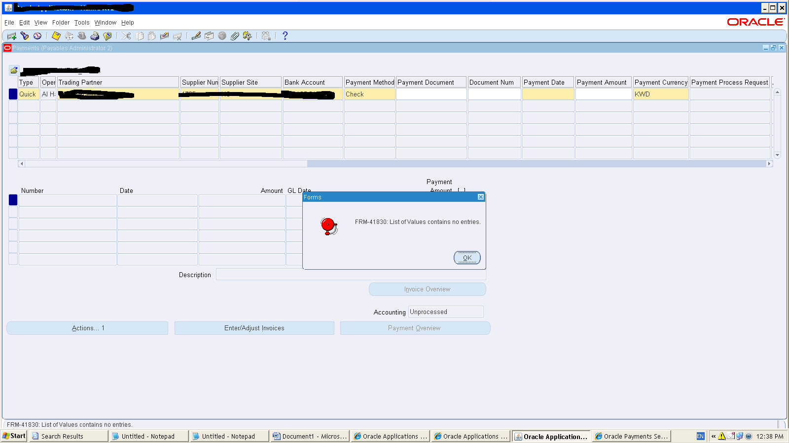 FRM:41830: List of Values contains no entries while selecting payment ...