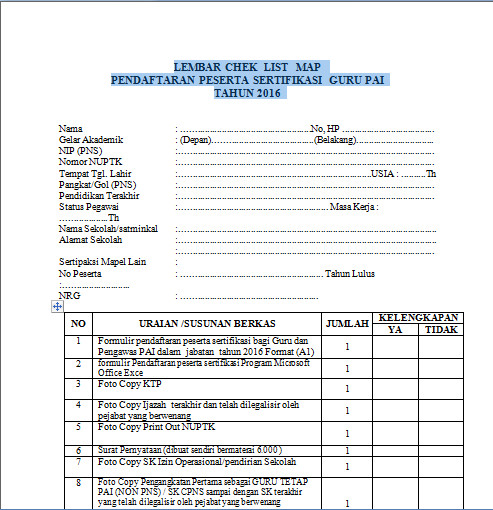 Download Contoh Formulir Pendaftaran Peserta Sertifikasi Guru PAI 2016 ...