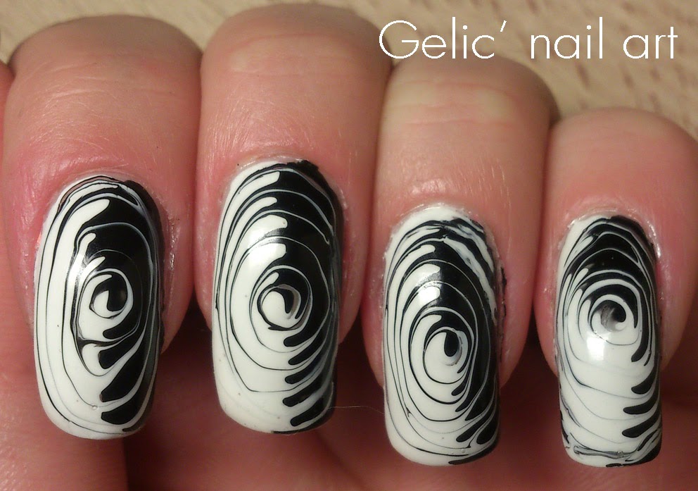 Gelic' nail art: Black and white needle dragging, swirl/fingerprint ...