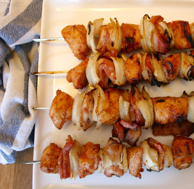 Just A Darling Life: Sriracha BBQ Chicken Skewers with Bacon and Onion