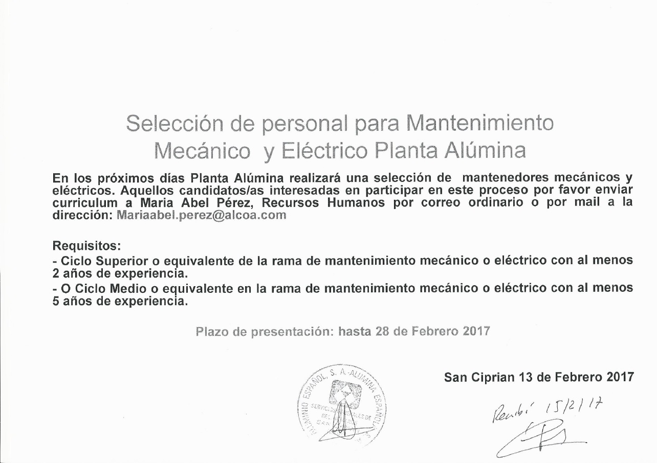 SECCIÓN SINDICAL ALO/ALA ALCOA SAN CIPRIAN: Selección de Personal ...