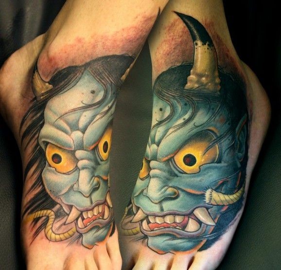 Colorful Demon Tattoo On Feet By Tim Senecal Oni ~ Foot Tattoo Ideas #49