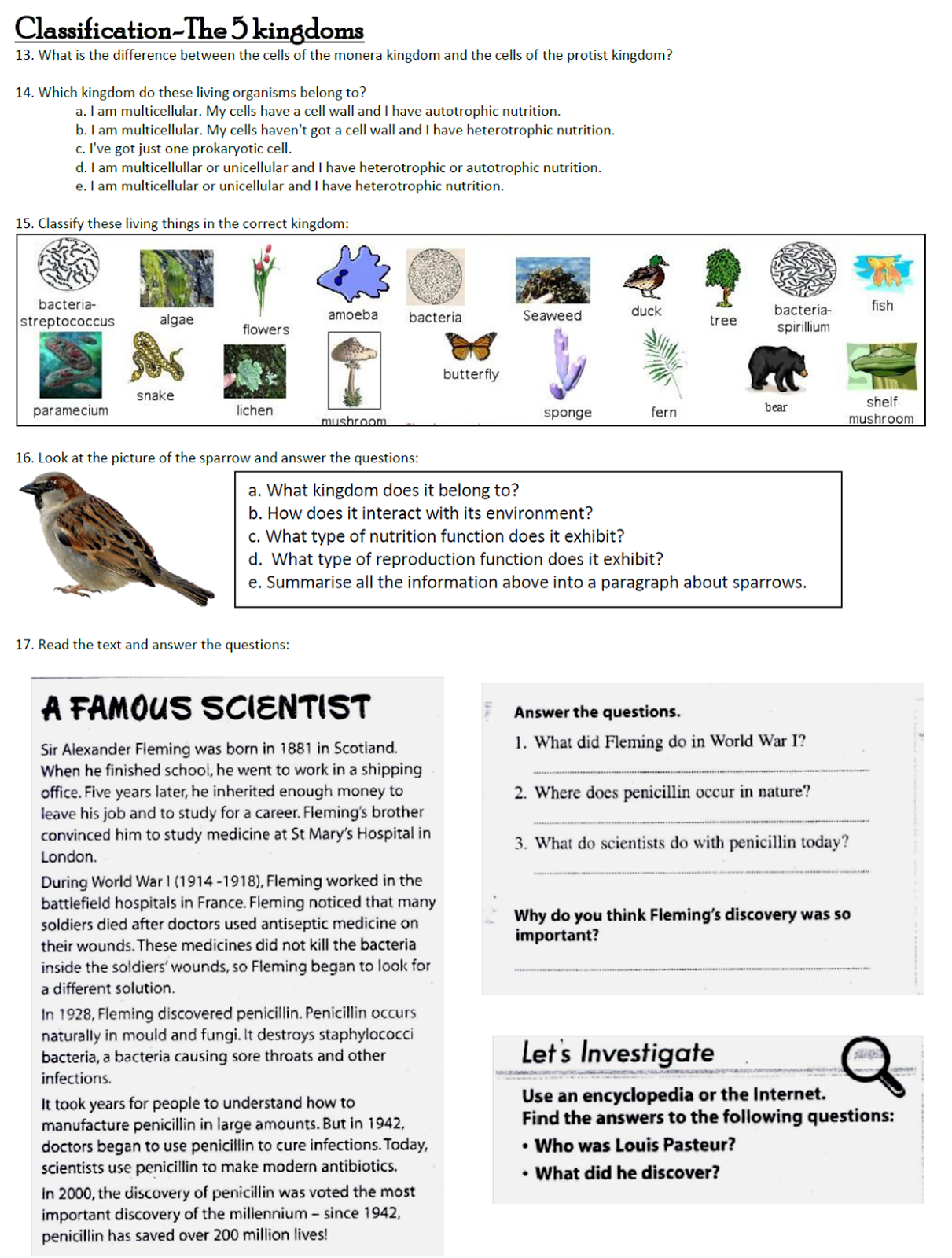 Classification Living Organisms Worksheet