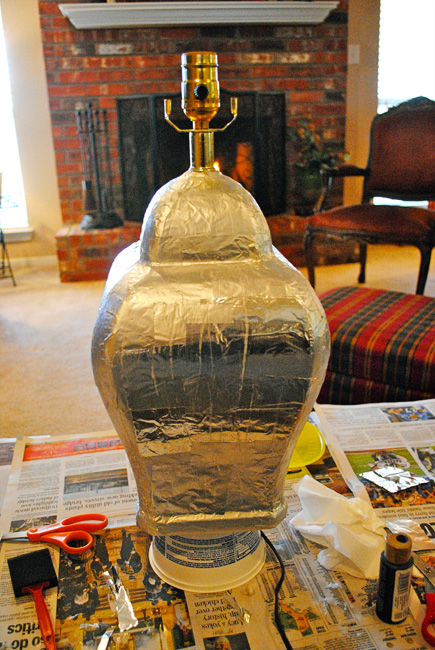 Foil, Modpodge & Paint on a Lamp Base | i should be mopping the floor