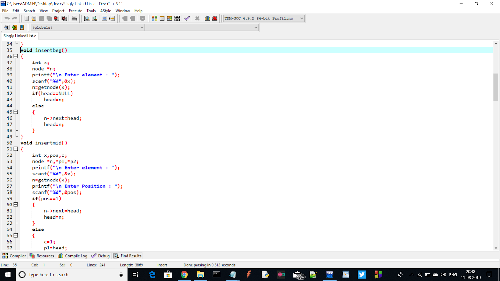 C Program Of Singly Linked List