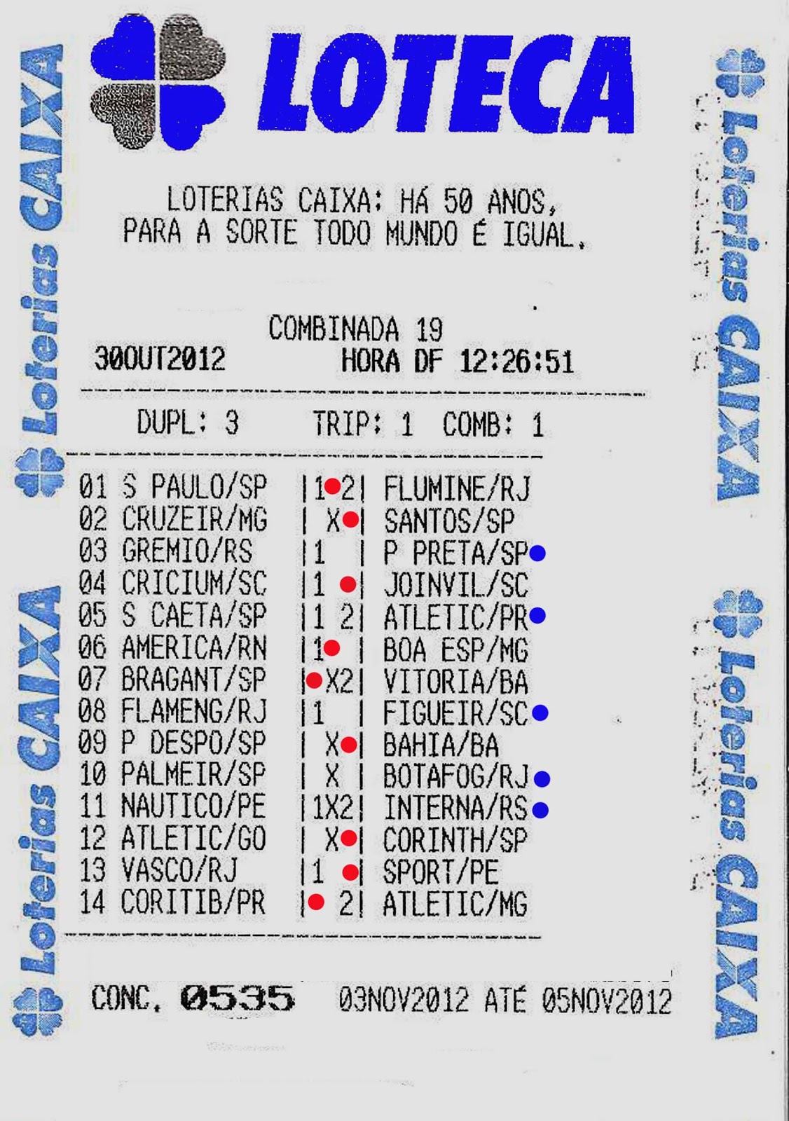 Loteca e outros: loteca 535, 5 acertos