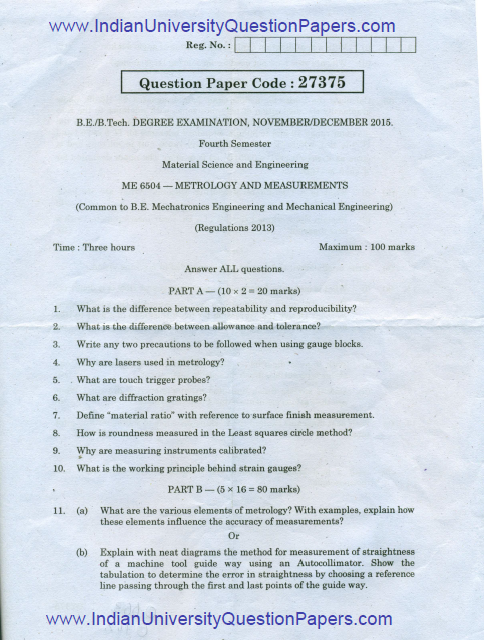 ME6504 Metrology and Measurements Nov Dec 2015 Question Paper ...