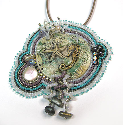 Seahorse bead embroidered pendant