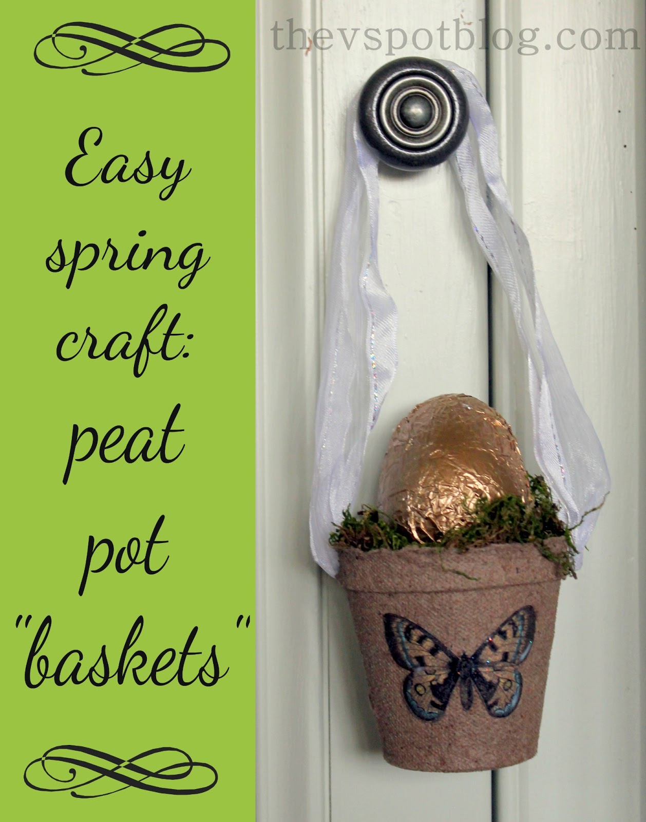 An easy spring craft: golden eggs in peat pot "baskets" | The V Spot