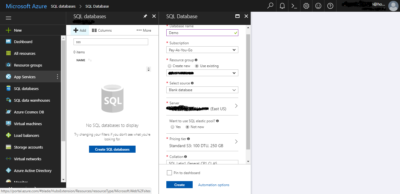 Create Sql Database in MicroSoft Azure.