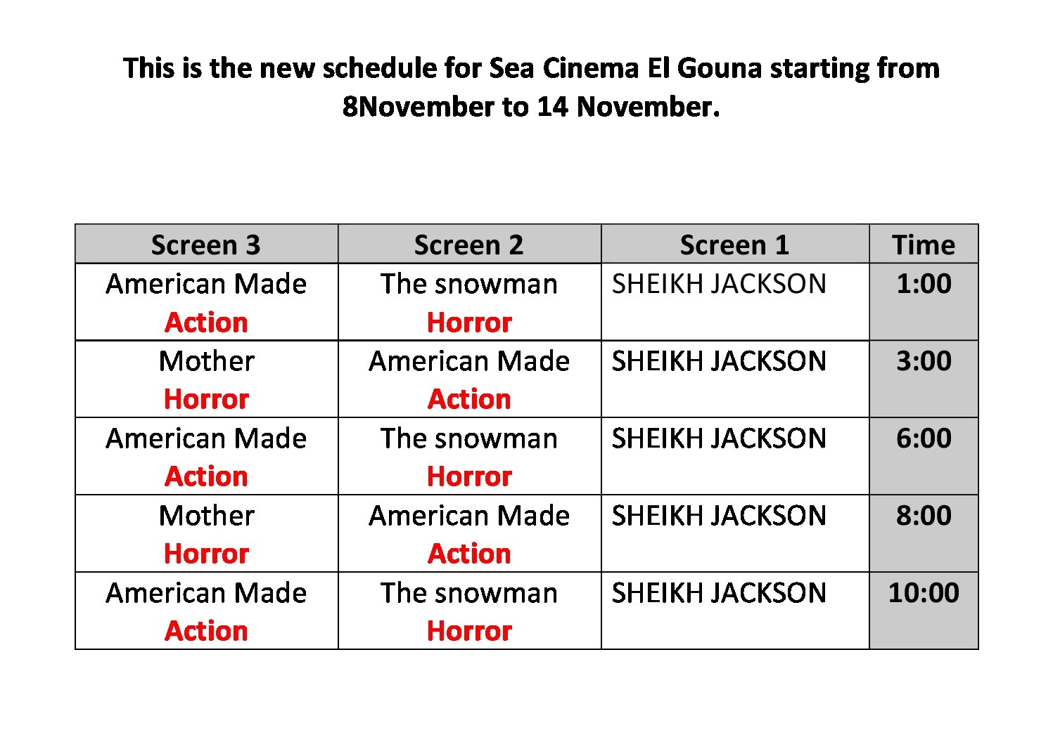 Sea Cinema New Schedule Nov 8 to Nov 14