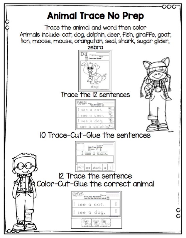 Animal and Sentences Tracing "No Prep" ~ Preschool Printables