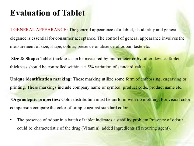 pharmacy study: EVALUATION PARAMETERS OF TABLETS