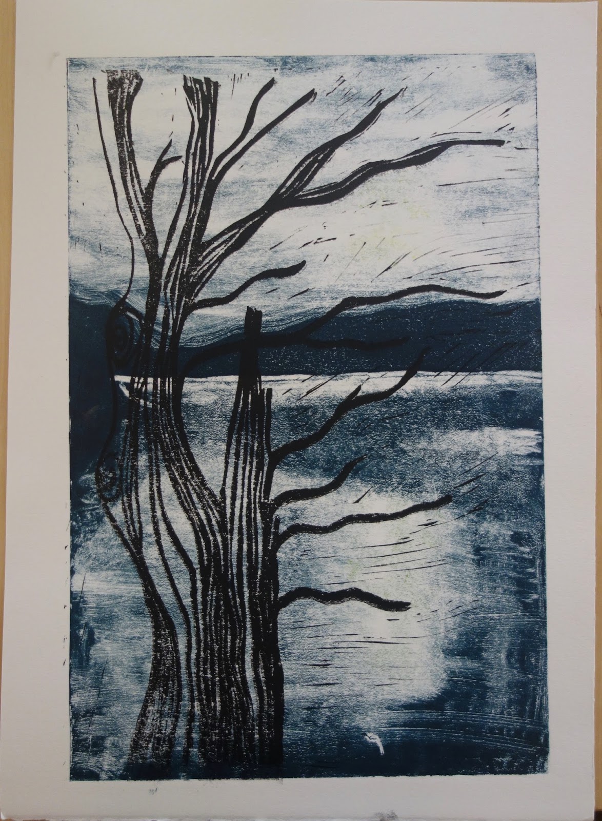 Bella J : First Linocut Over Monoprints
