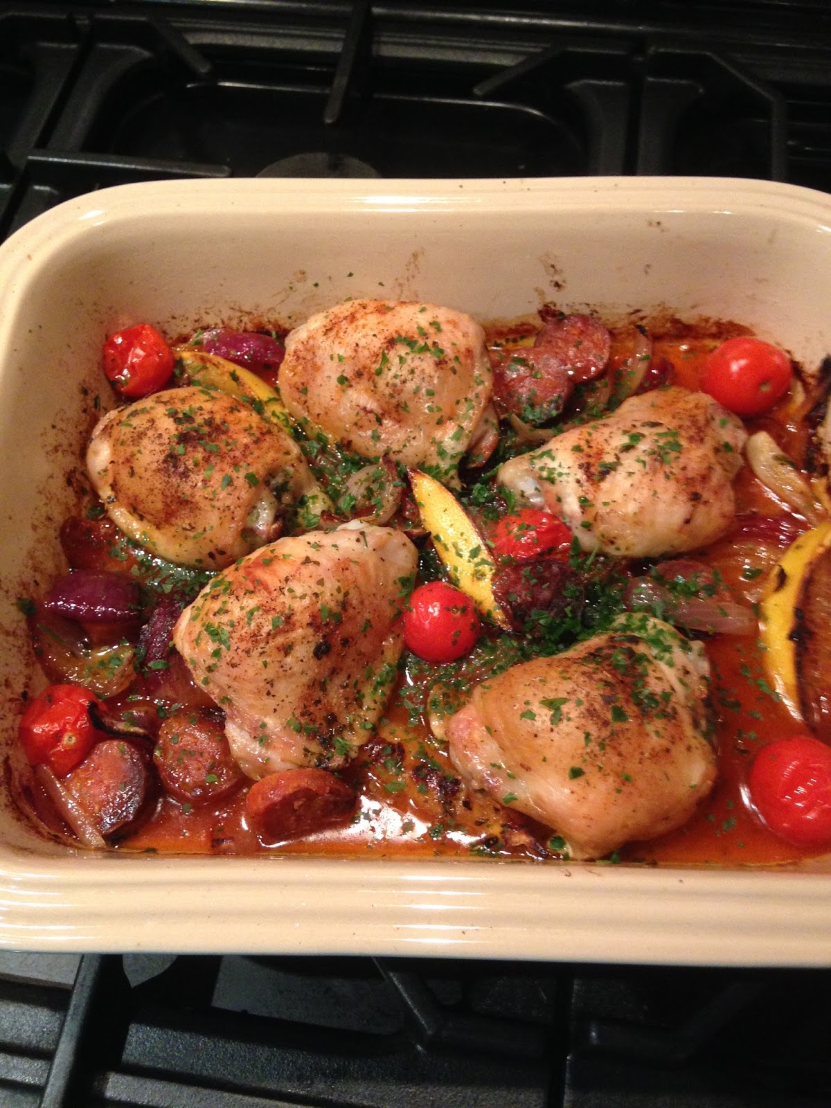 Minimum Effort Maximum Output: Oven baked Spanish style chicken thighs