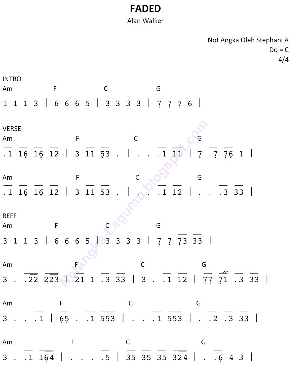 Not Angka Pianika Lagu Faded – Alan Walker | Pianika | Recorder ...