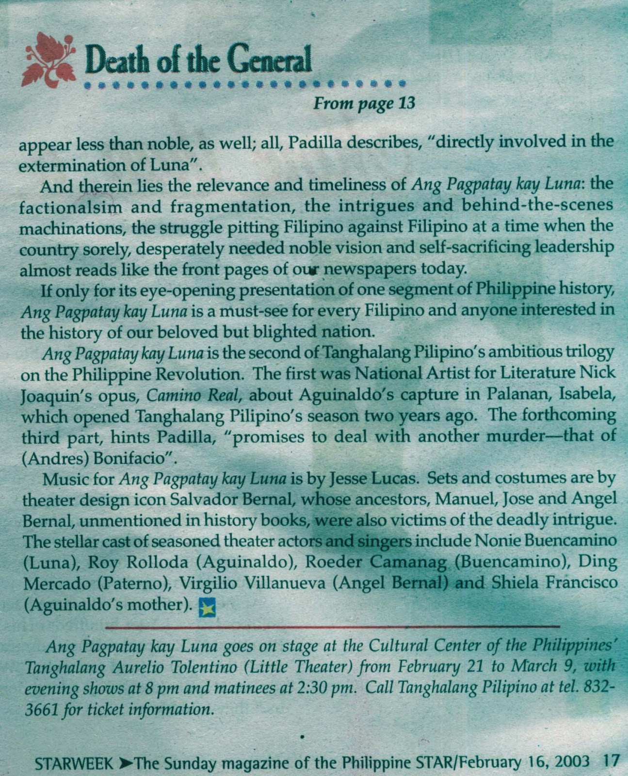 PELIKULA, ATBP.: ANTONIO LUNA: DEATH OF THE GENERAL (Starweek Magazine ...