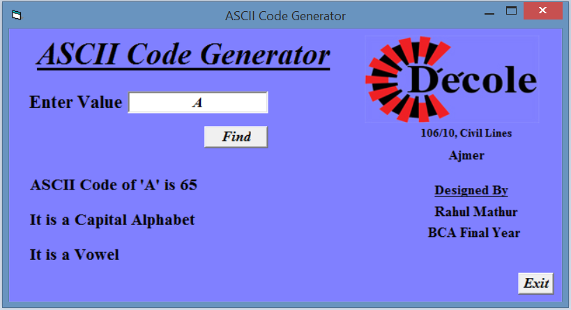SoftWorks: ASCII Code Generator (Visual Basic 6.0)