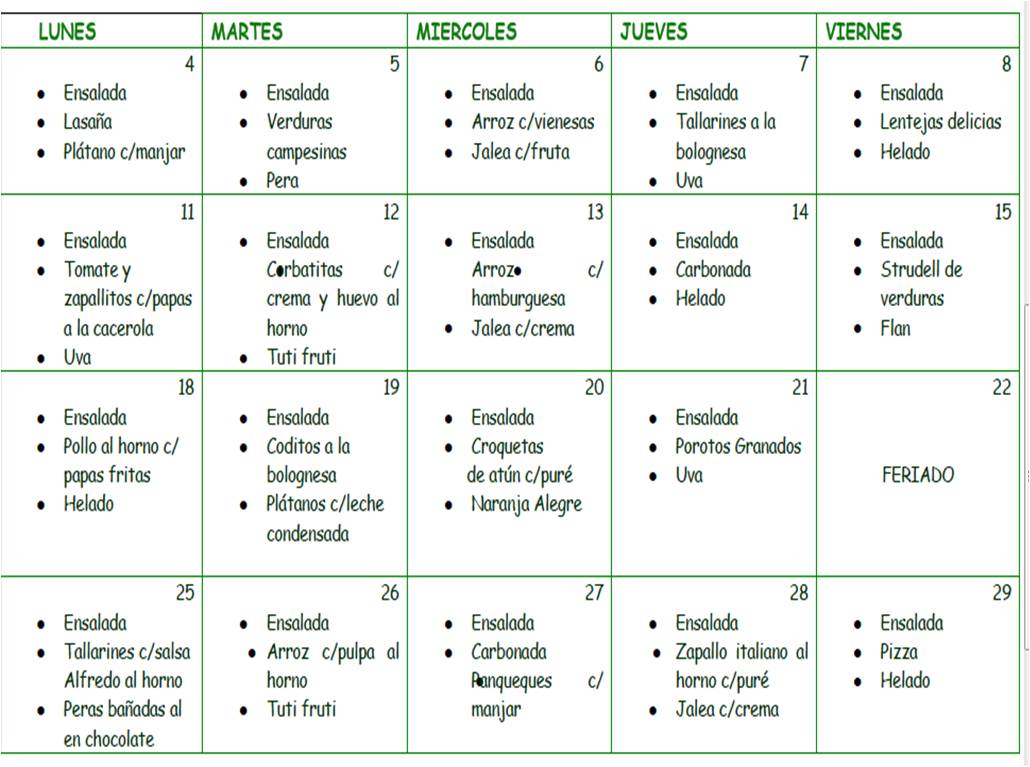 CPA Manantial: Minuta de alimentación Abril