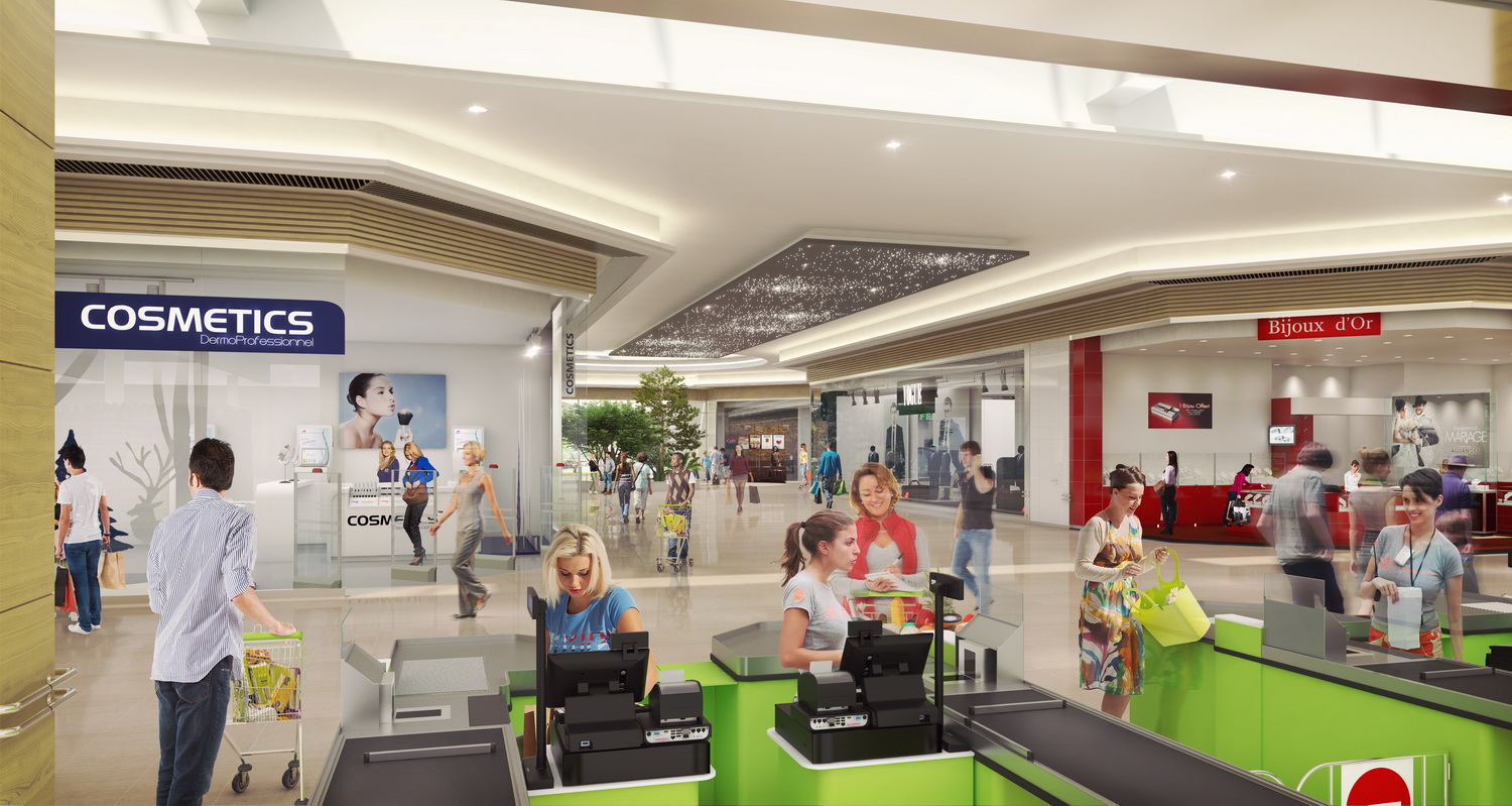 Perspective 3D d'une zone d'activité et centre commercial