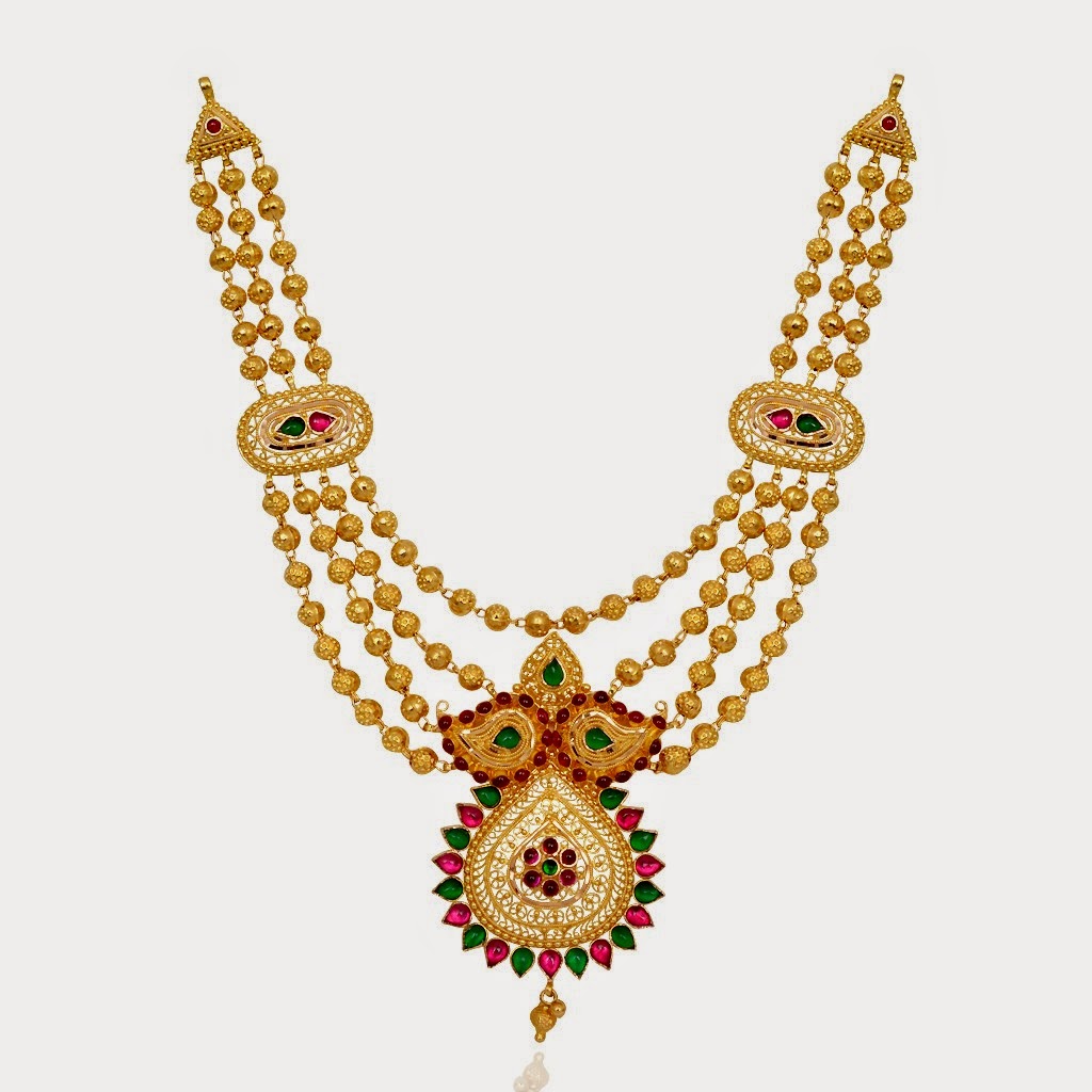 Jewellery Designs : Long Balls Haram with red&green stones studded