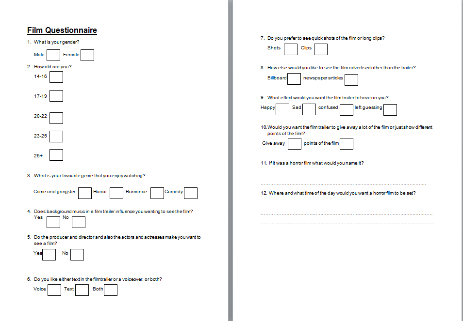 A2 Media Film Trailer Portfolio: Film Questionnaire