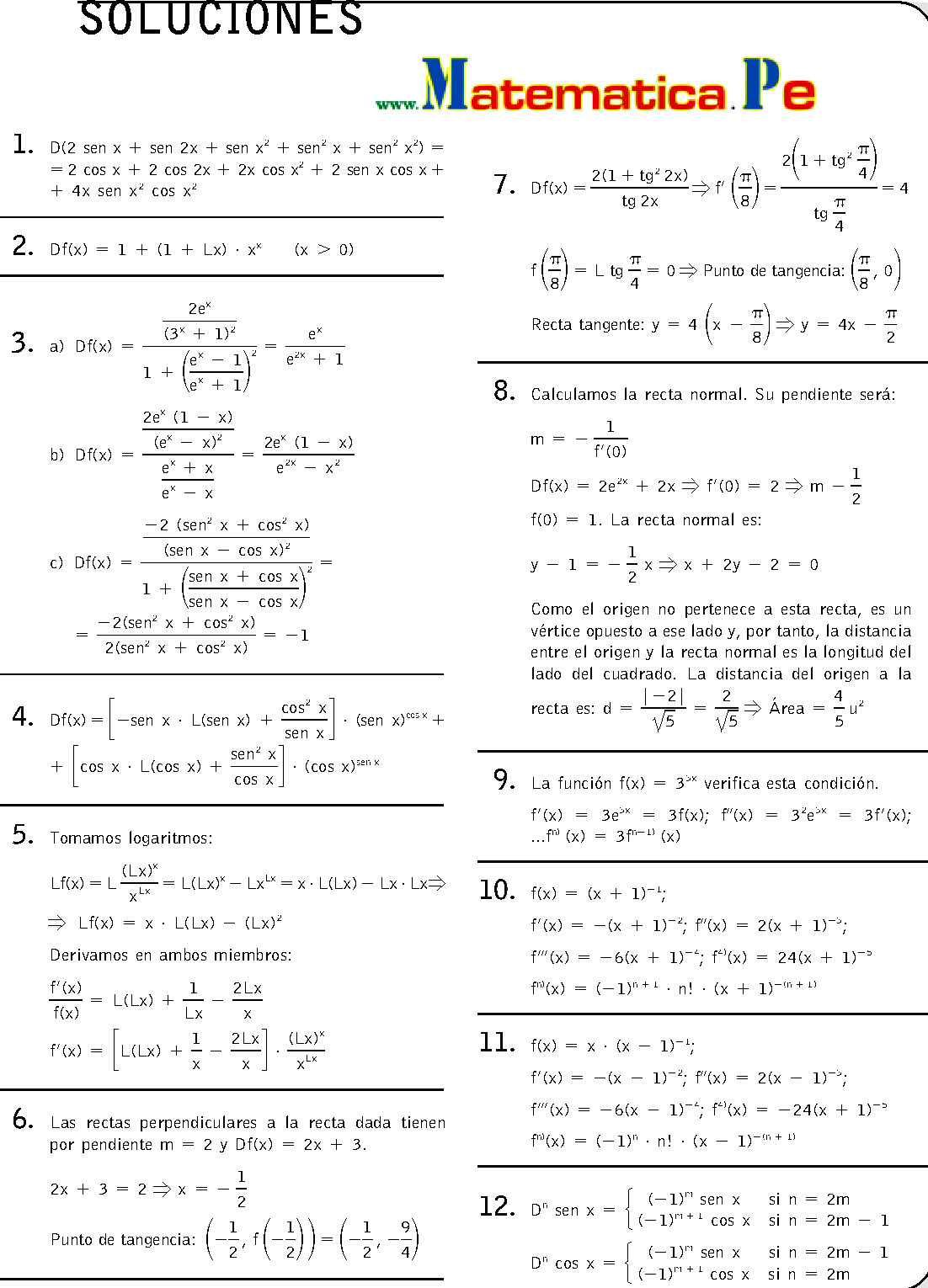 OPERACIONES Y CÁLCULOS CON DERIVADAS EJERCICIOS RESUELTOS MATEMATICAS 1 ...