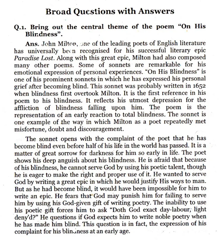 Broad Questions with Answers (On His Blindness ) - English Grammar A To Z