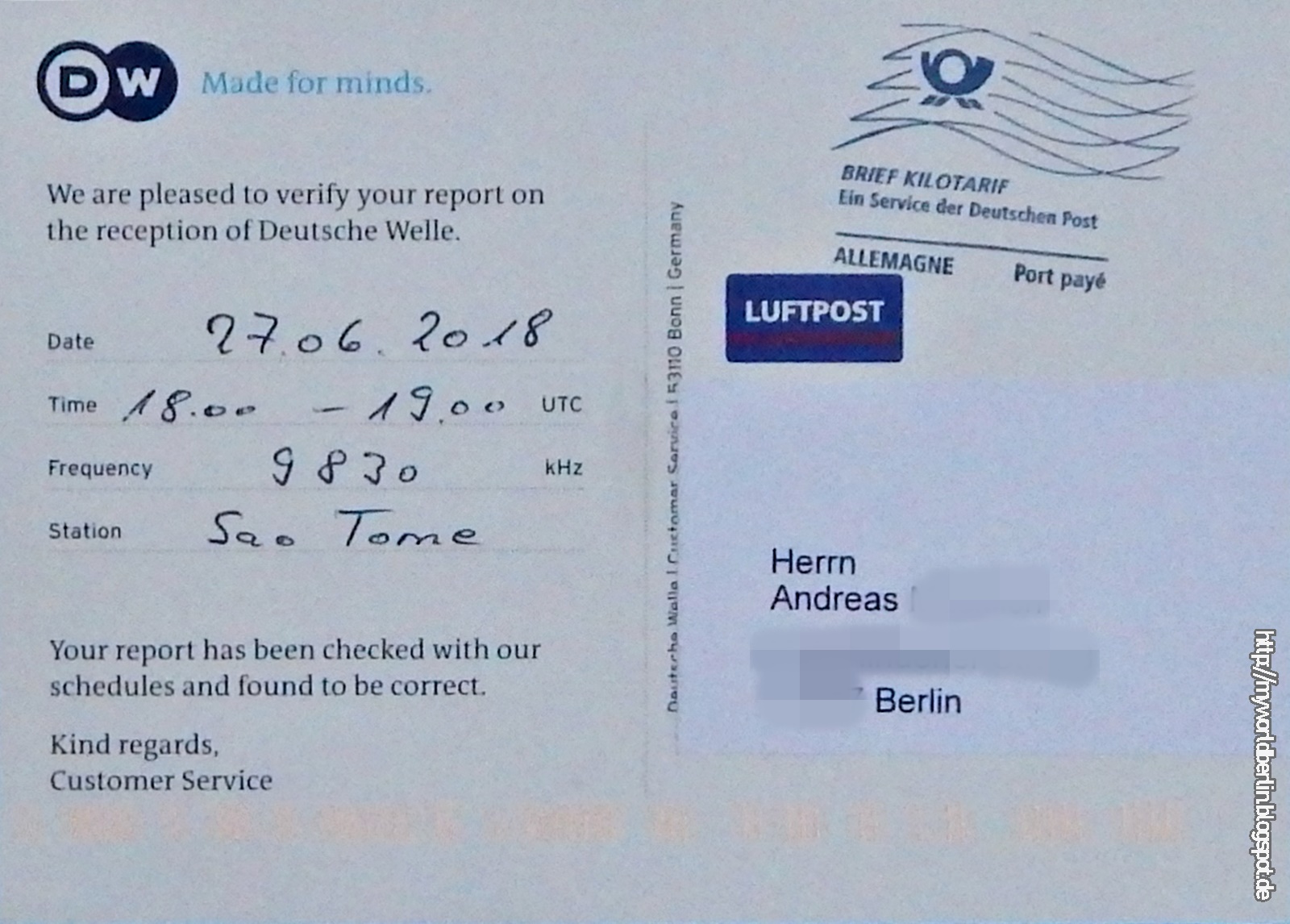 My World Berlin 내 세계는 베를린입니다 : QSL-Karte der Deutschen Welle für ein ...