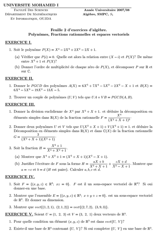 exercices Algèbre: Polynomes Fractions rationnelles et espaces ...